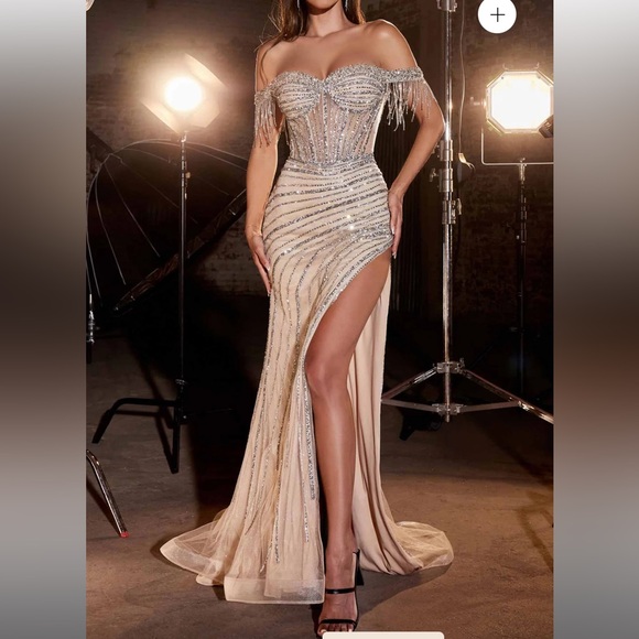 cinderella divine | Dresses | Cinderella Divine Elegant Beige Evening Gown With Silver Accents ...